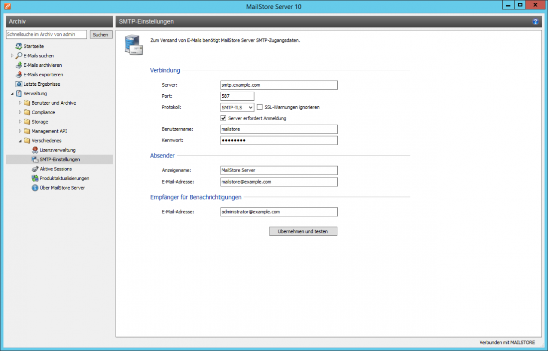 SMTP-Einstellungen – MailStore Server Hilfe