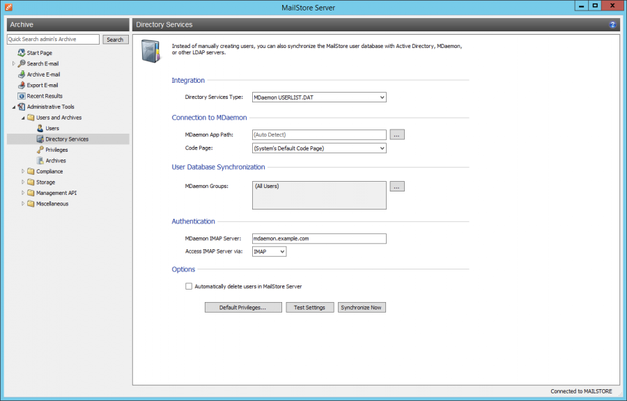 Synchronizing User Accounts with an MDaemon User Database - MailStore Server Help