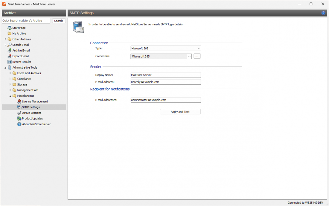 SMTP Settings - MailStore Server Help